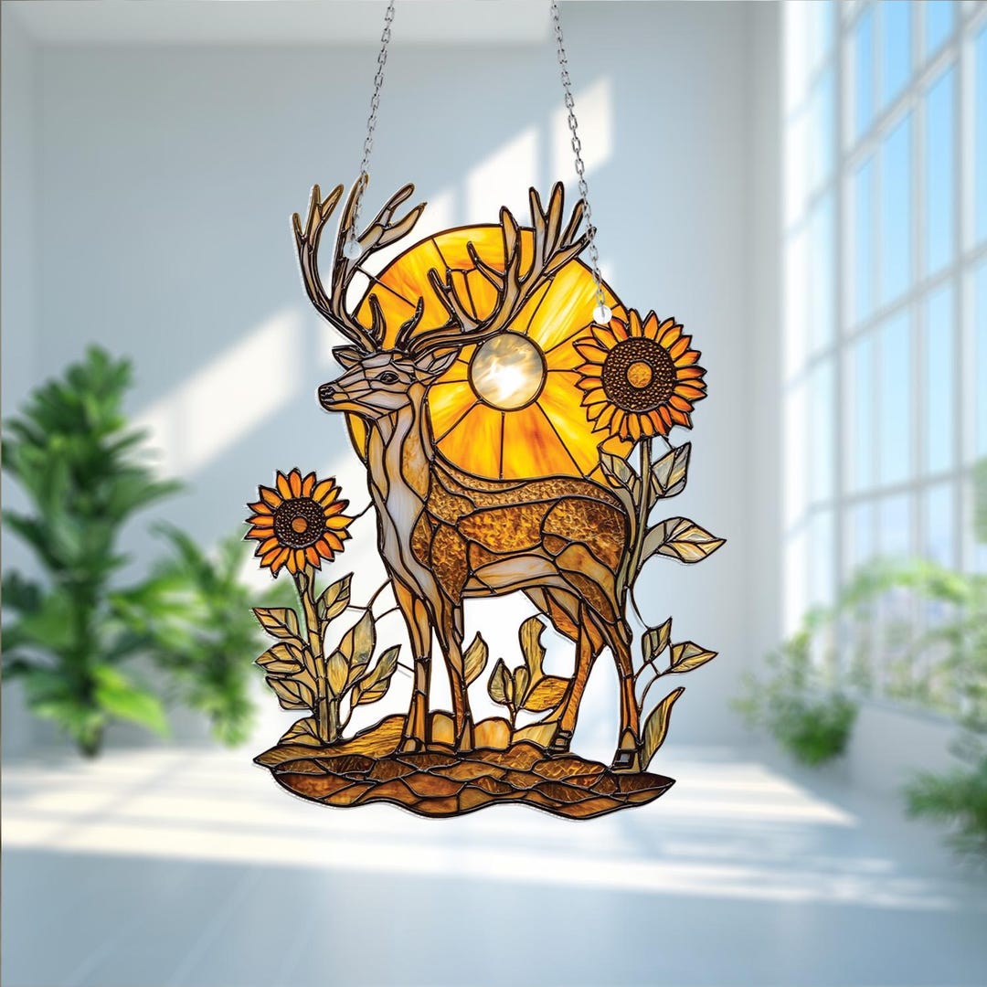 Stag With Sunflowers and Sunset Acrylic Window Hanging, Handcrafted ...