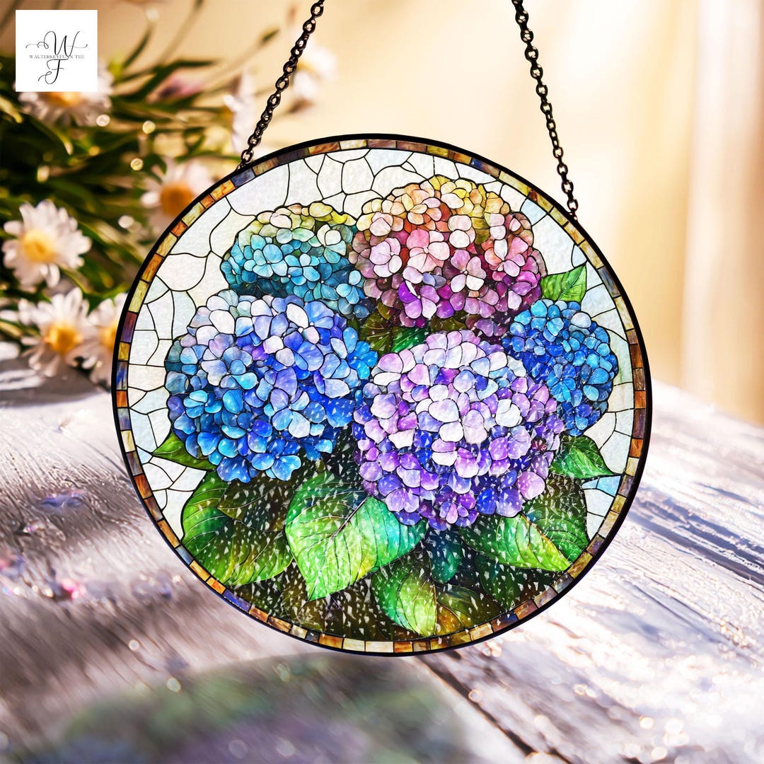 Hydrangea Stained Glass Suncatcher, Colorful Floral Round Window ...