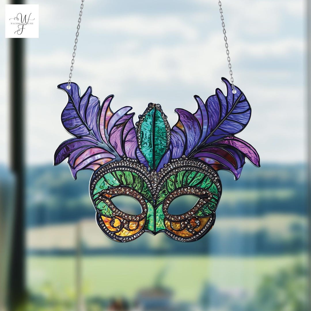 Mardi Gras Mask Window Hanging, Acrylic Sun Catcher, Colorful Feathered ...