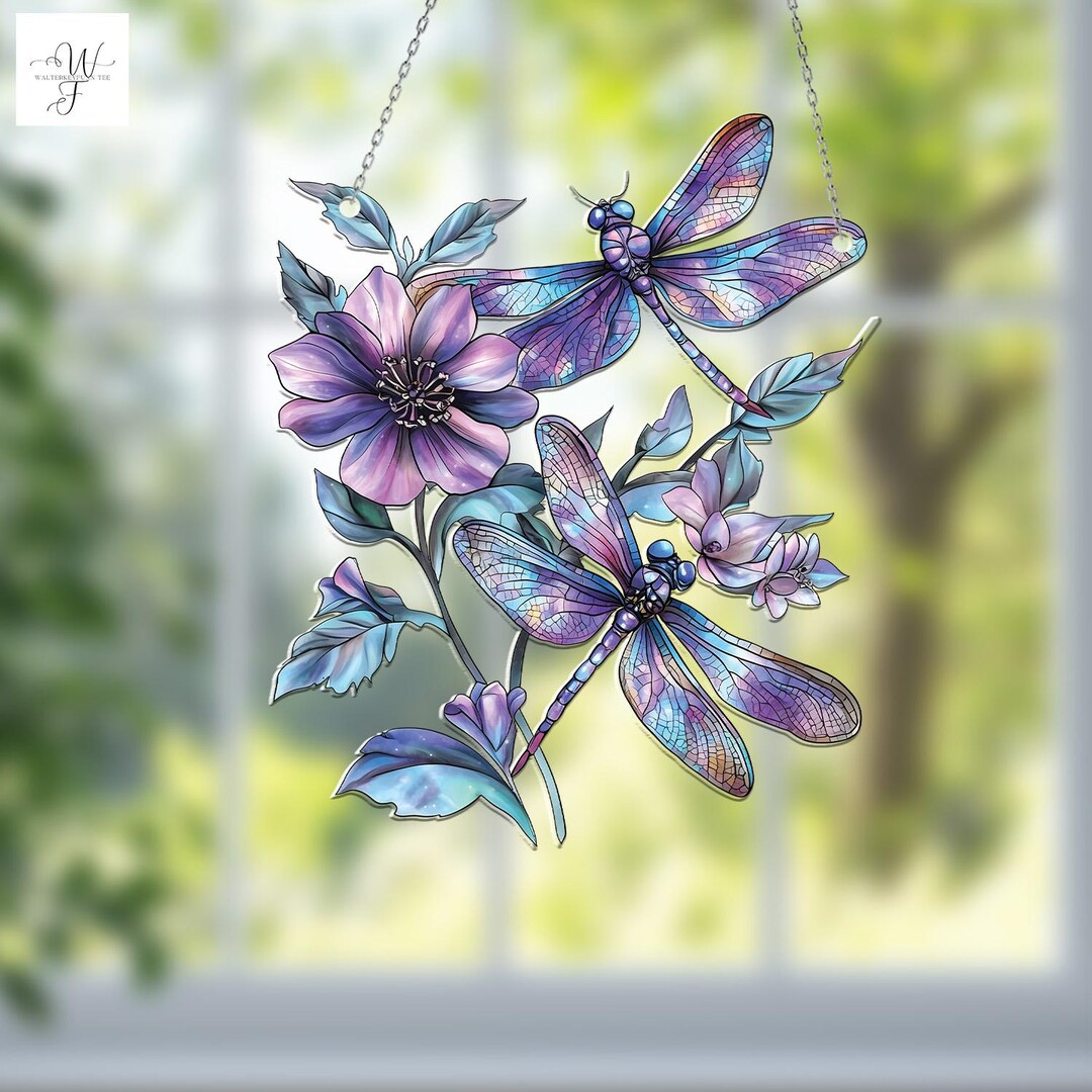 Dragonfly and Flowers Window Hanging, Elegant Mosaic Decor, Handmade ...