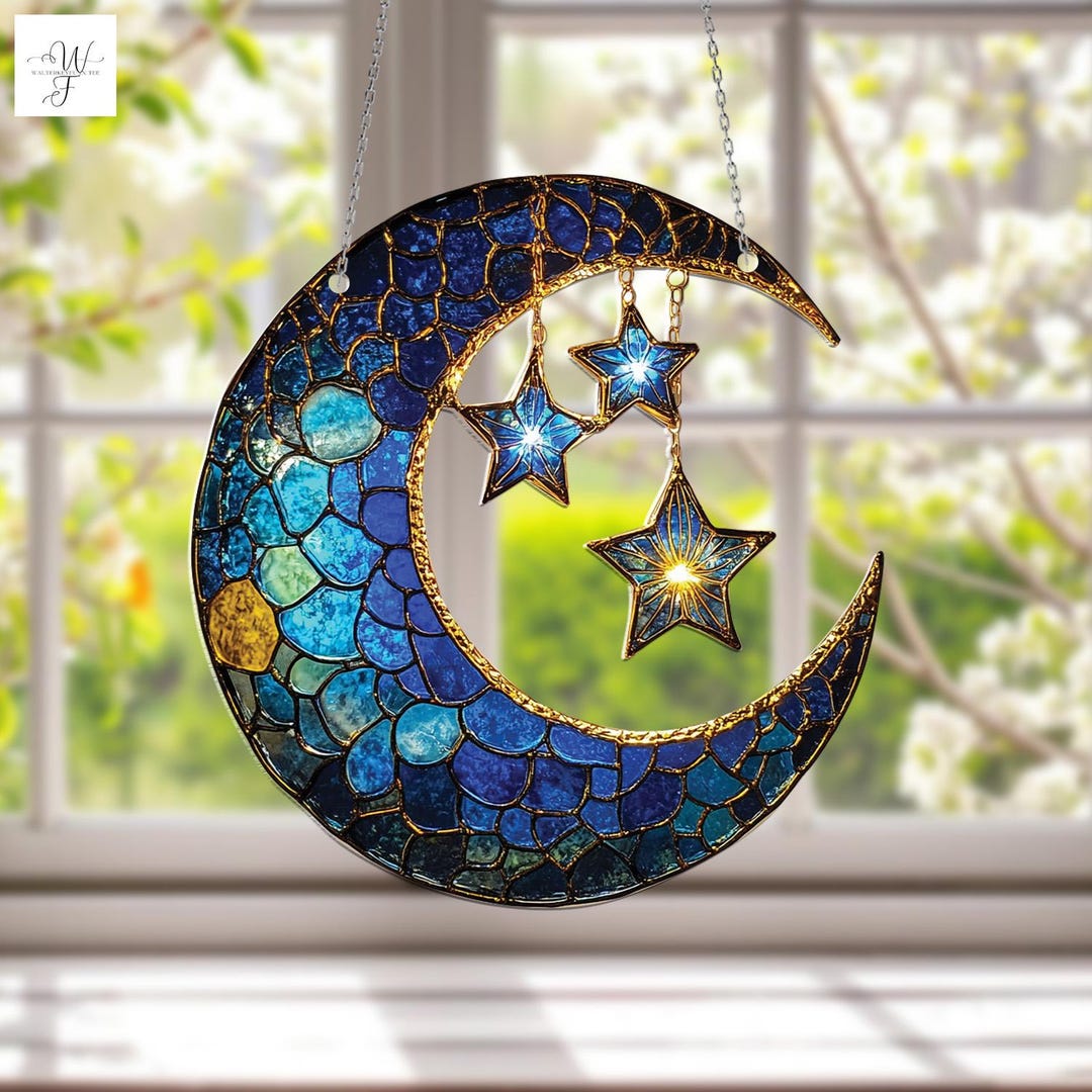 Crescent Moon and Stars Acrylic Window Hanging, Magical Night Sky ...