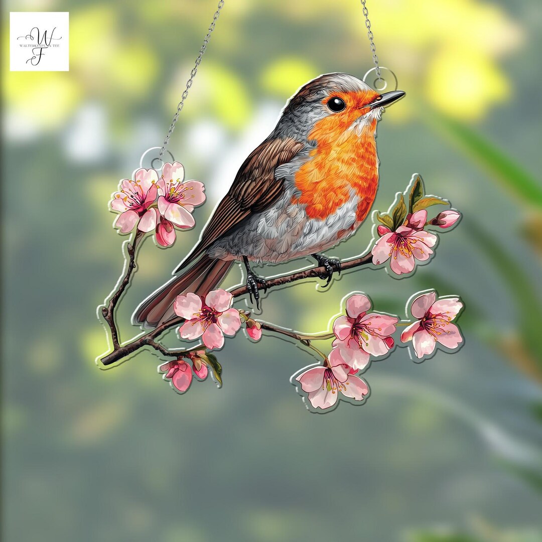 Robin Window Hanging, Cherry Blossom Art, Handmade Nature Ornament ...