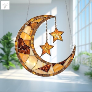 Crescent Moon and Stars Acrylic Window Hanging, Nature-inspired Home ...