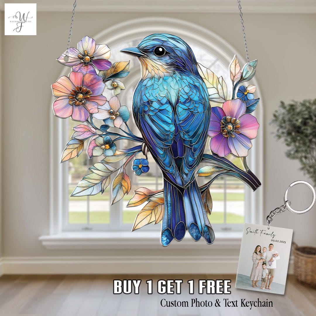 Acrylic Blue Bird Window Hanging, Floral Nature Decor, Colorful Bird ...