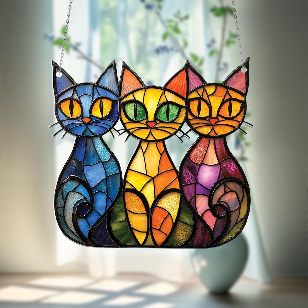 Colorful Trio of Cats Acrylic Window Hanging - Whimsical Cat Decor ...