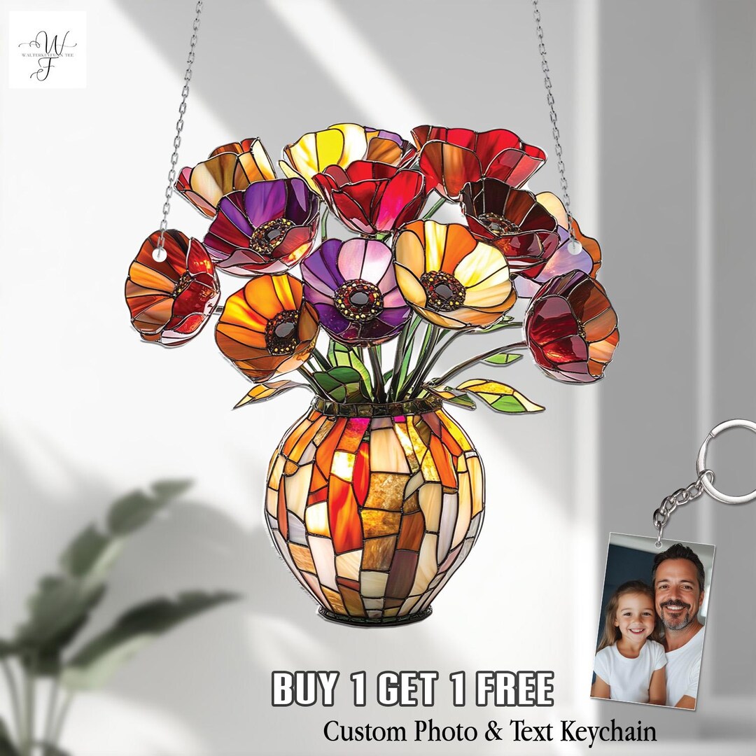 Colorful Flower Vase Acrylic Window Hanging, Floral Bouquet Window ...