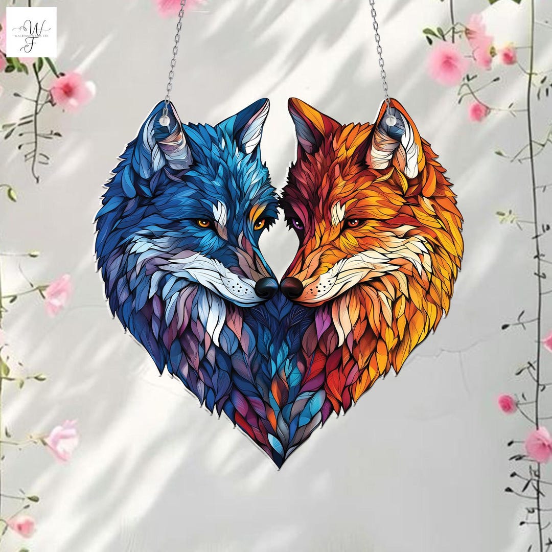 Colorful Wolf Couple Acrylic Window Hanging in Heart Shape, Perfect for ...
