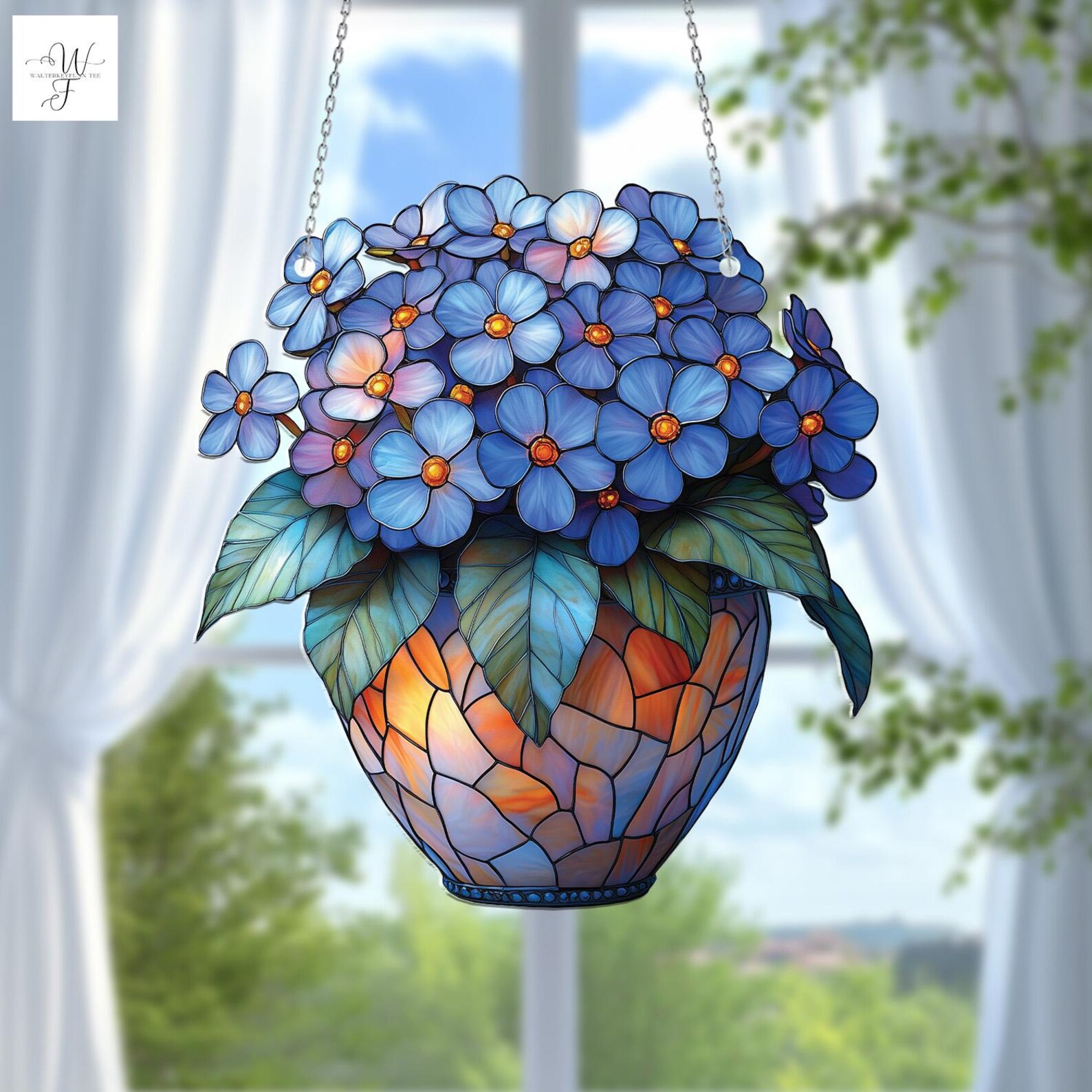 Forget-me-not Acrylic Window Hanging, Blue Flower Pot Design, Stained ...