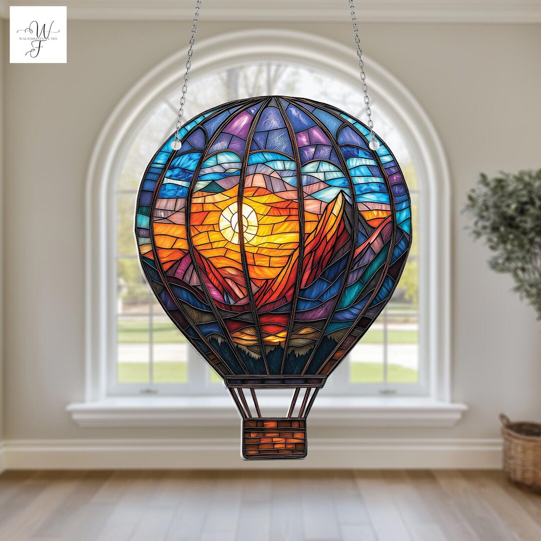 Hot Air Balloon Acrylic Window Hanging Sunset , Vibrant Boho Decor ...