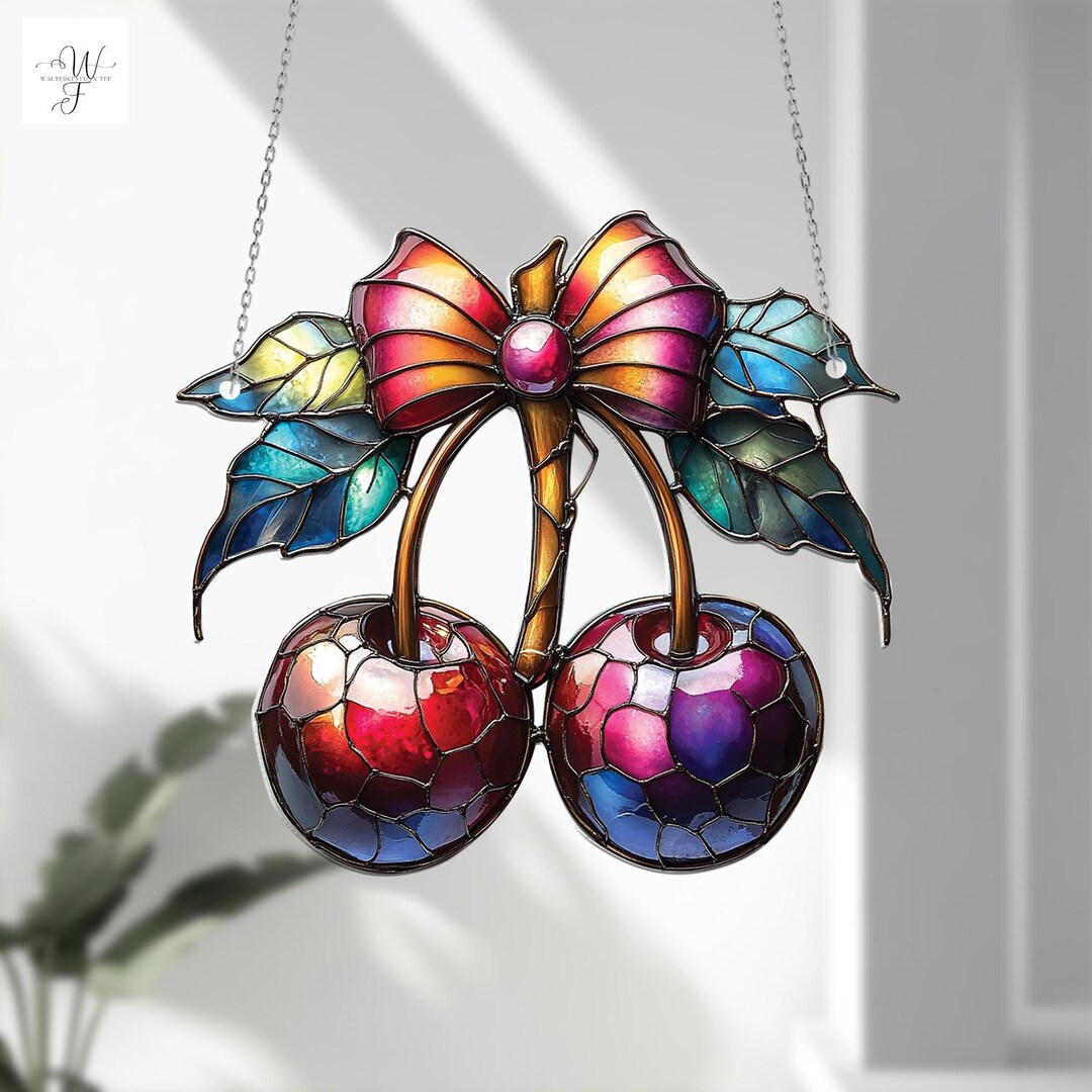 Colorful Cherries With Bow Acrylic Window Hanging, Vibrant Fruit Decor ...