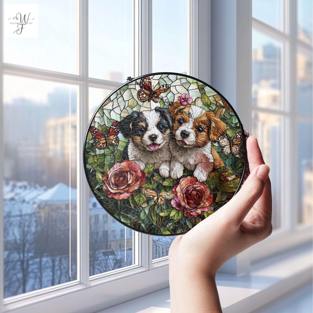 Stained Glass Window Hanging With Two Puppies and Roses, Vibrant ...