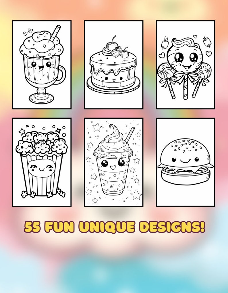 Kawaii Sweet Treats Coloring Book, Cute Food Coloring Pages, 55 Designs ...