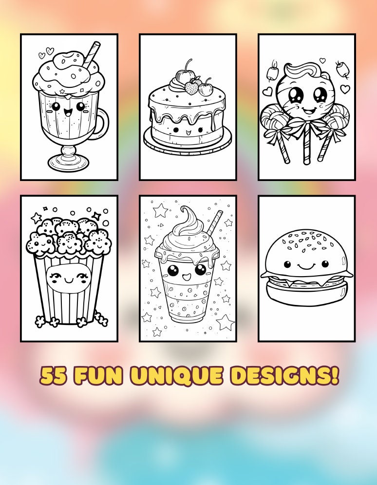 Kawaii Sweet Treats Coloring Book, Cute Food Coloring Pages, 55 Designs ...
