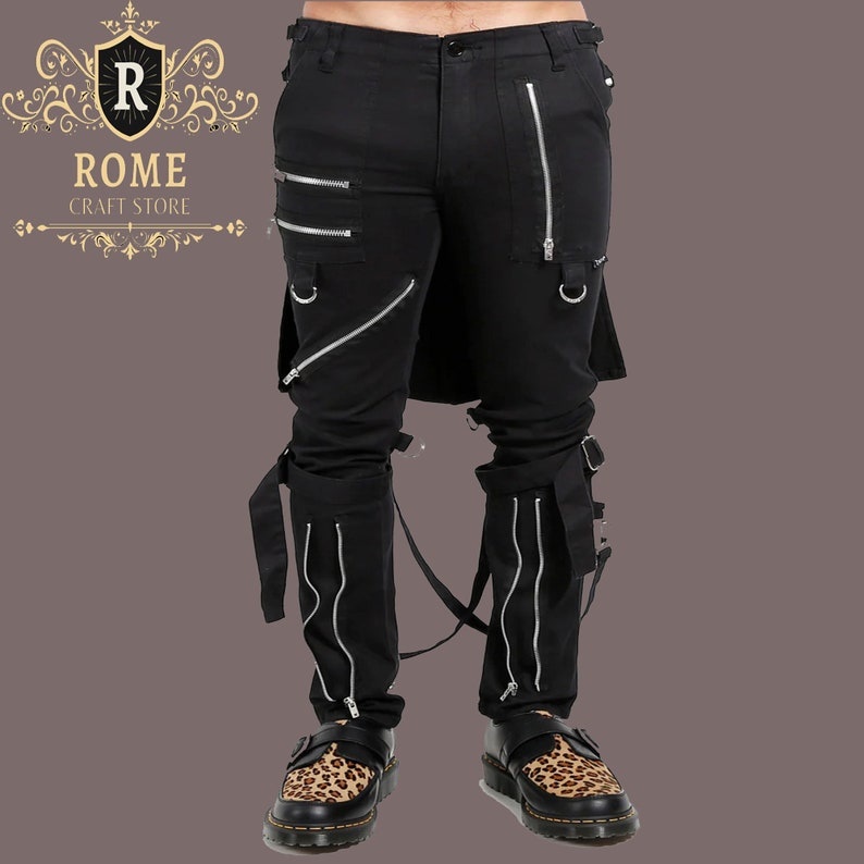 Men's Gothic Threads Reflective Pant Black Punk Buckle Zips Chain Strap ...