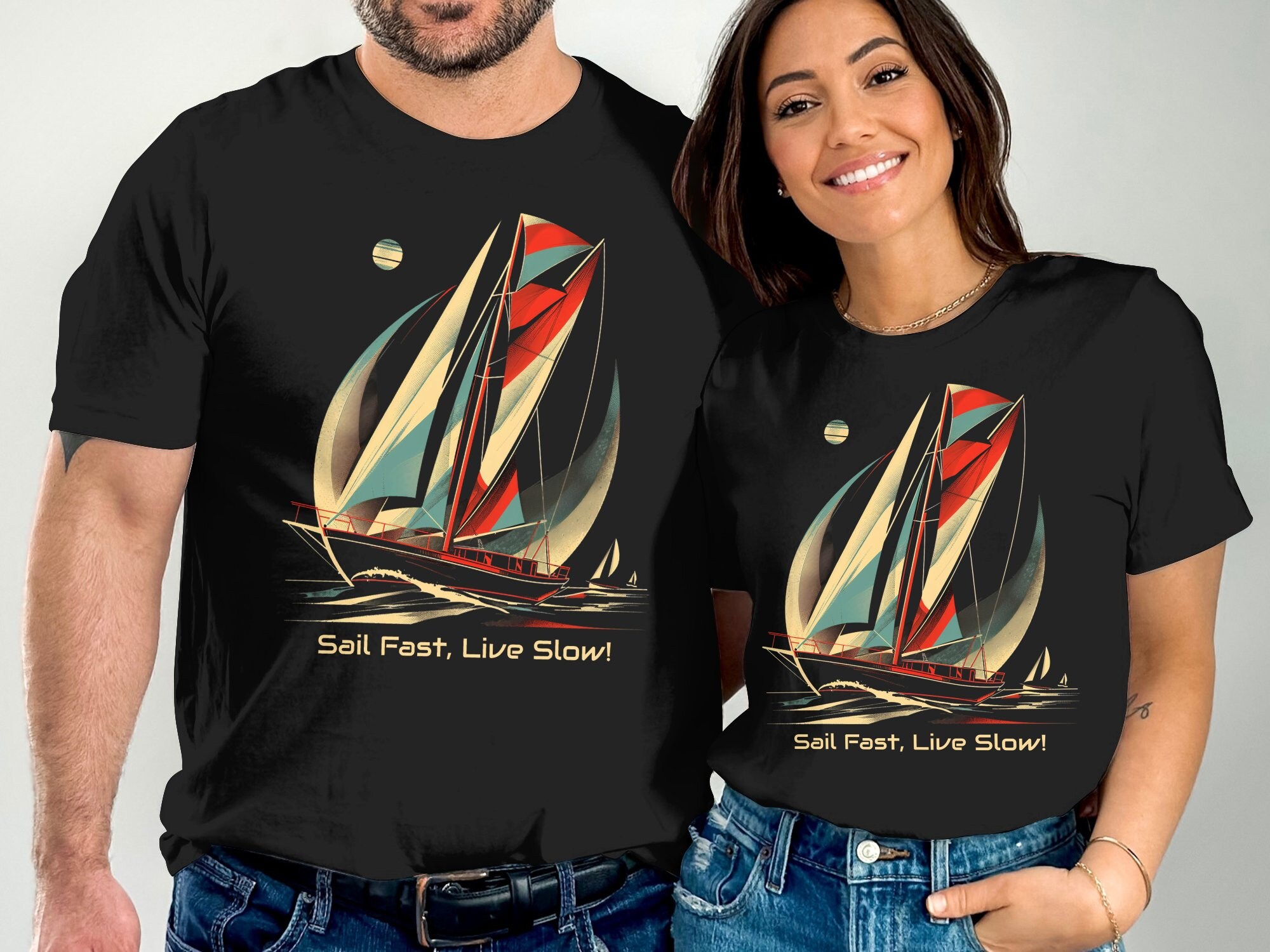 Sail Fast Live Slow Graphic T-shirt Vintage Sailing Boat Illustration ...