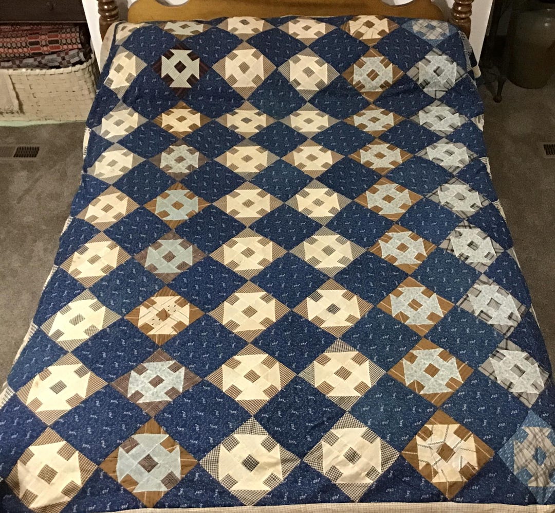 Vintage Quilt Top, Monkey Wrench (?) Pattern: Brown & Blue Blocks 78 ...