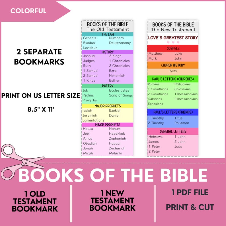 Printable Books of the Bible Bookmarks, Bookmarks for Bible, Color Code, Christian Bookmarks ...