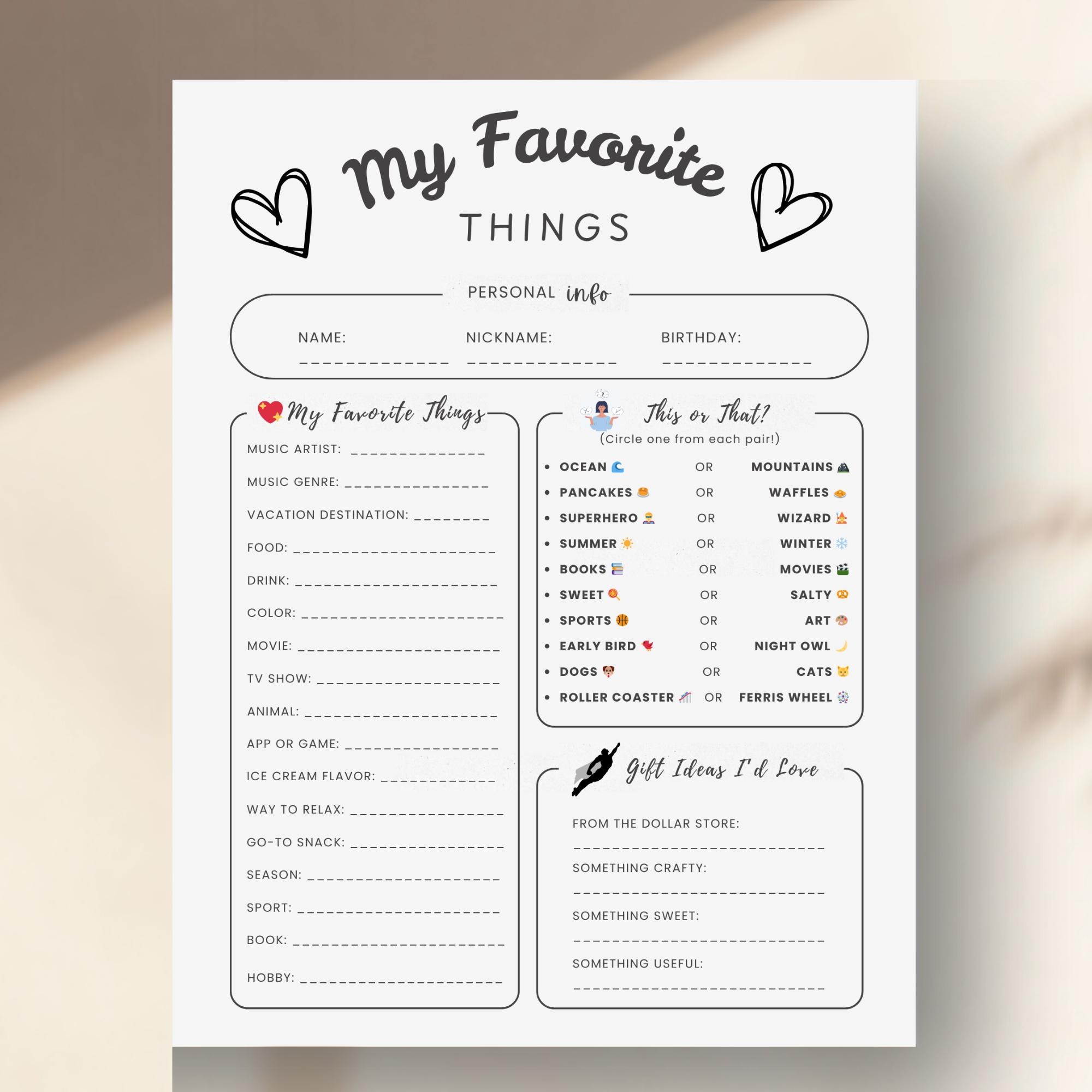 Favorite Things List Printable - My Favorite Things Survey, Get to Know ...