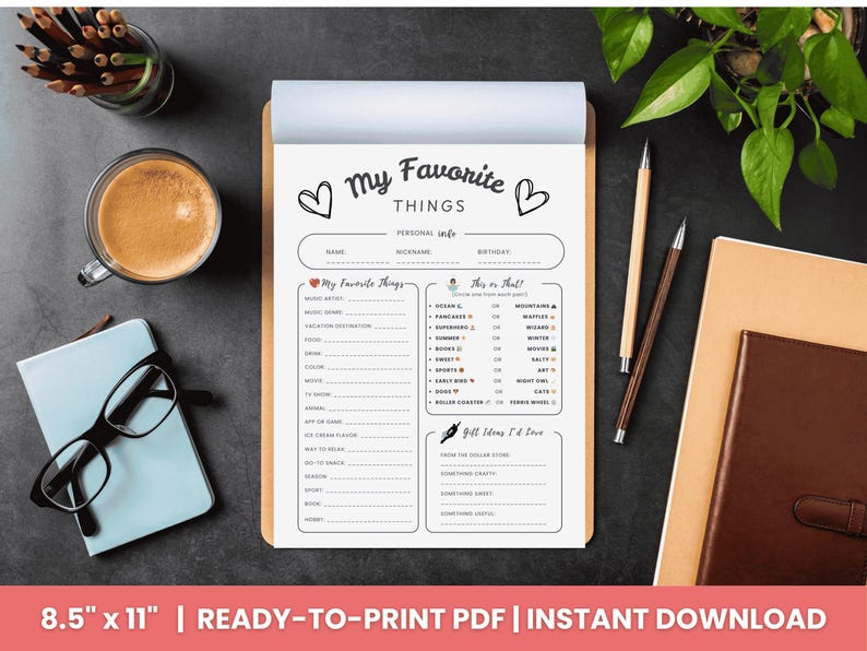 Favorite Things List Printable - My Favorite Things Survey, Get to Know ...