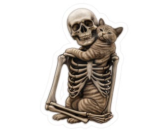 Skeleton Cat Sticker, Spooky Cat Vinyl Decal for Laptops, Water Bottles ...