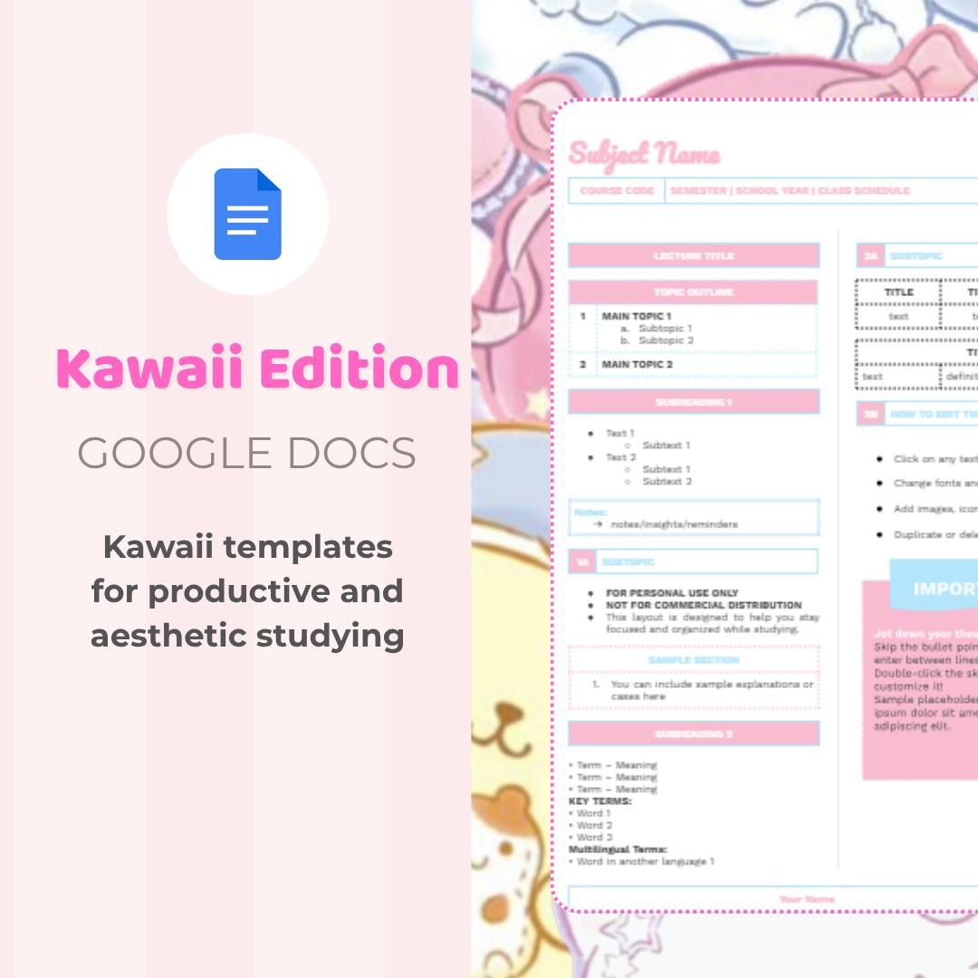 Kawaii Notes Template – Cute Editable Google Docs Study Sheet | Pastel ...