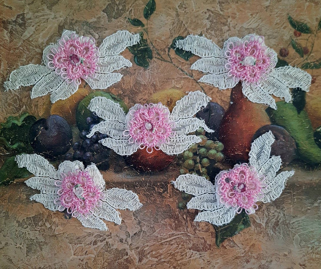 Set of 5 Hand Tatted Pink Flowers Added to 2 Lace Snippets. Size is 4 ...