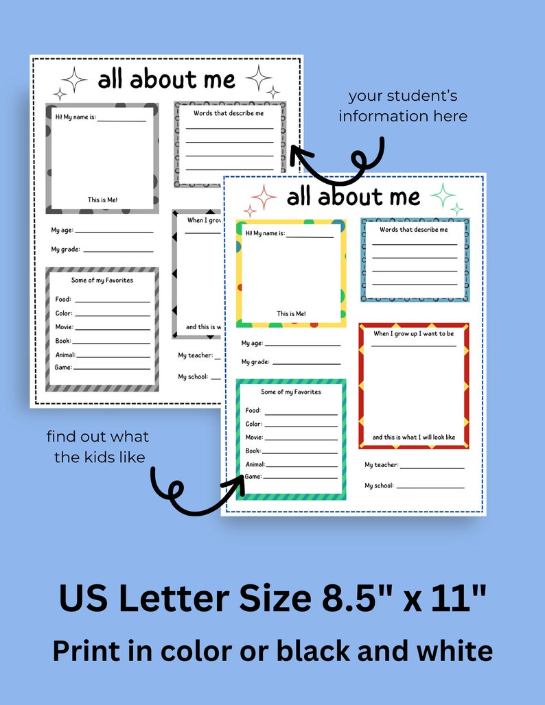 All About Me Printable Questionnaire for Kids, First Day of School ...
