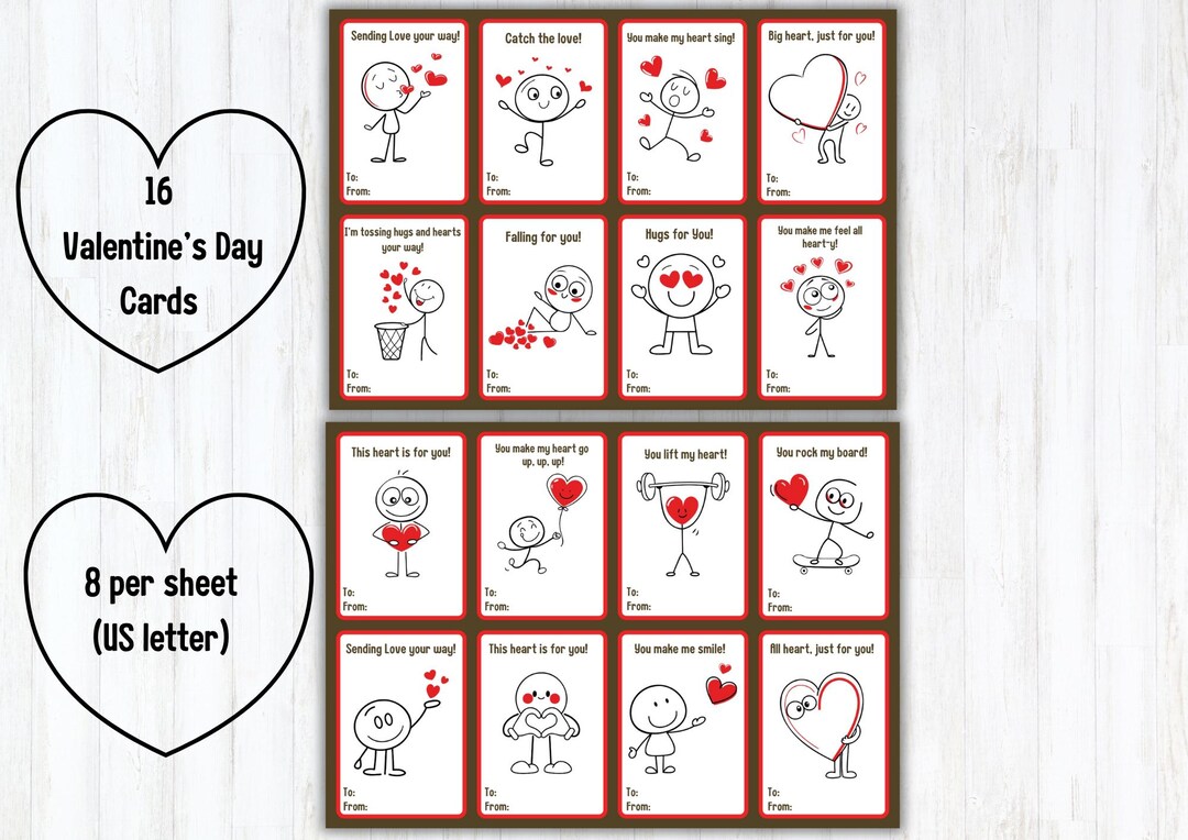 Stick Figure Valentine's Day Cards - Printable Kids Valentines (PDF ...