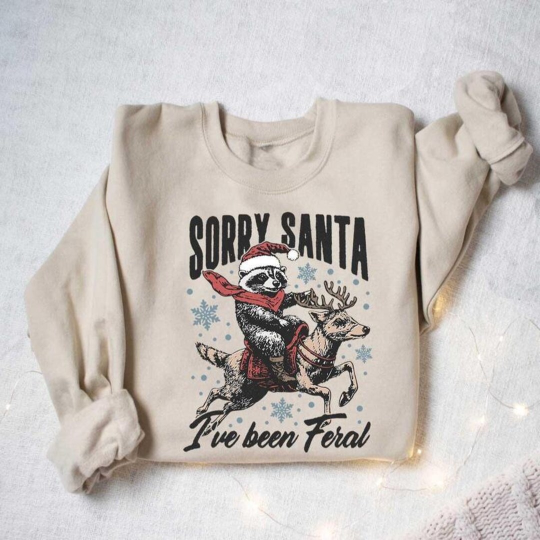 Sorry Santa I've Been Feral Hoodie, Funny Raccoon With Santa Claus Hat ...