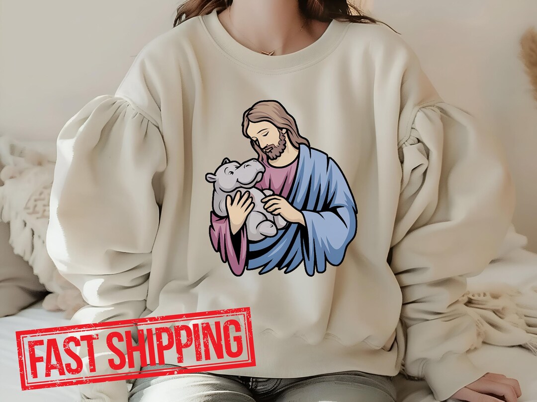 Funny Meme Shirt, Jesus Holding Moo Deng the Hippo Joke Tee, Moo Deng ...