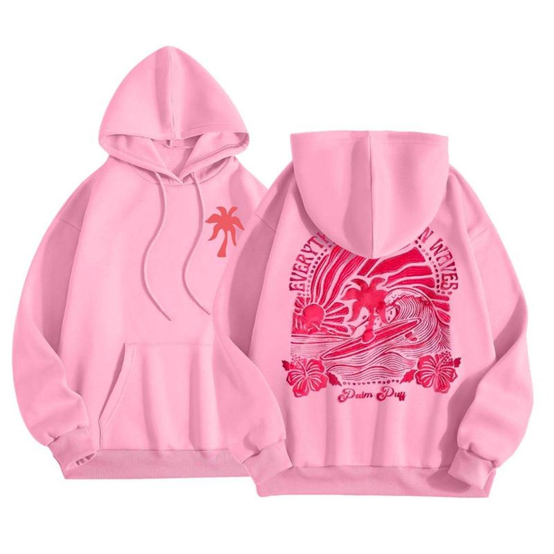 Hibiscus T-shirt, Pink Palm Puff Dupe Sweatshirt, Cozy Hooded Beach ...