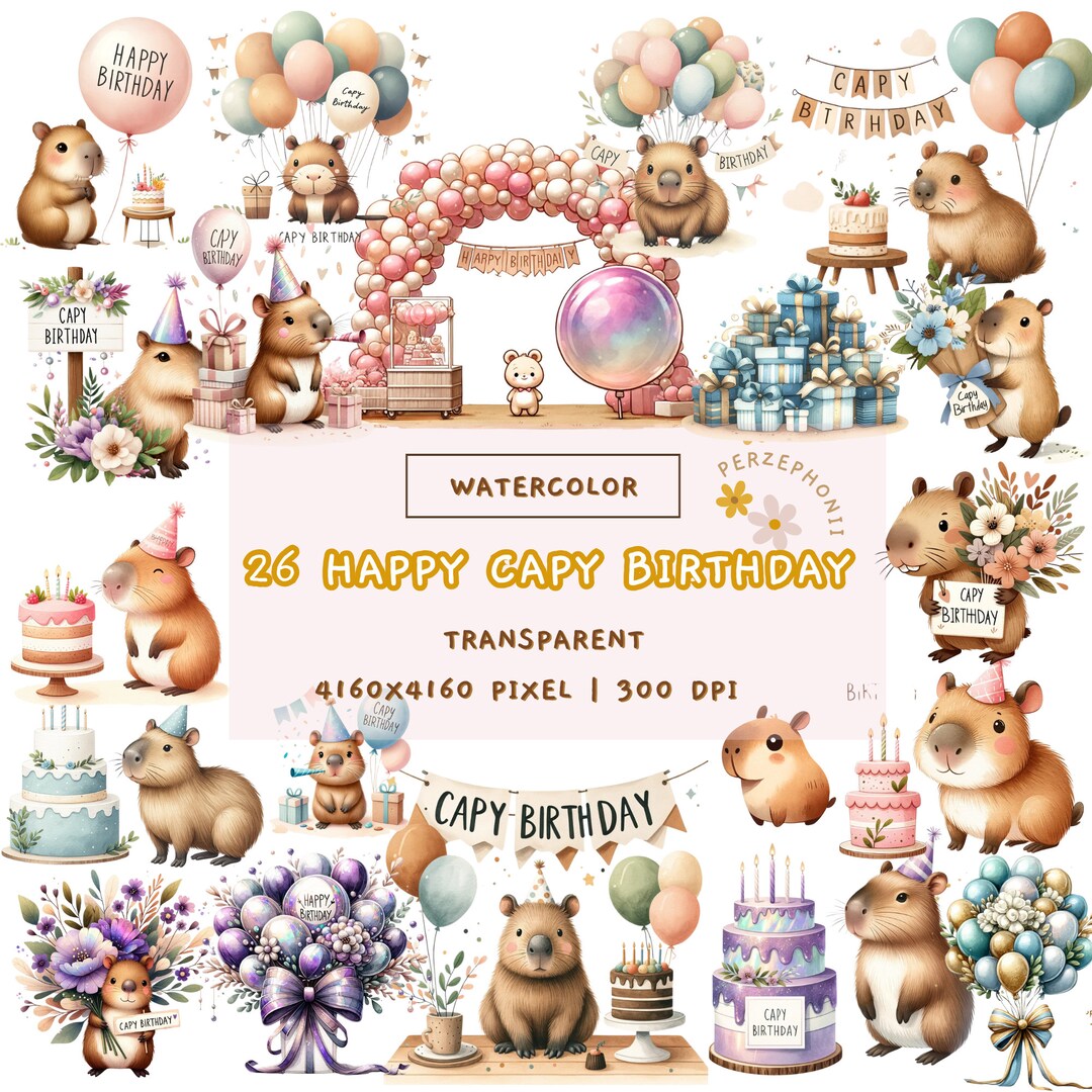 Happy Capy Birthday Watercolor Clipart 26PNG 4160x4160 Pixel 300DPI for ...