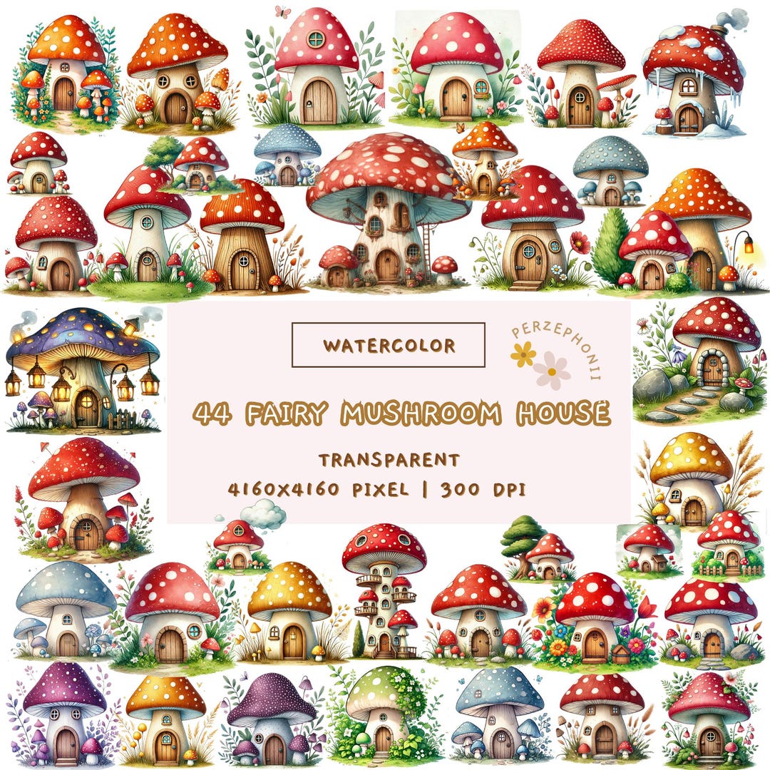 Fairy Mushroom House Watercolor Clipart 44 PNG 4160x4160 Pixel 300DPI ...