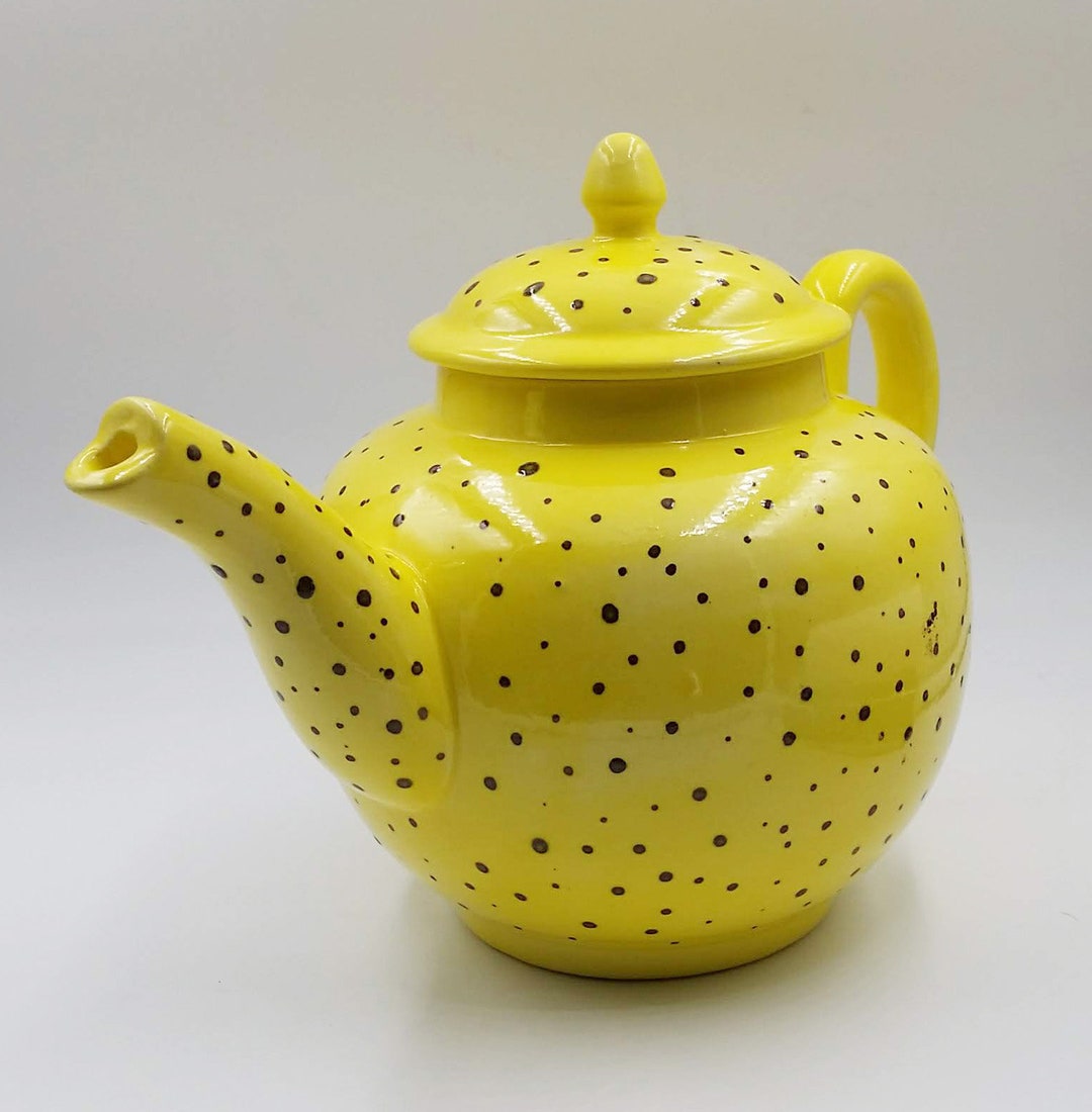 1 Teapot Hand Painted Yellow With Black Dots Earthenware Ceramic OOAK ...