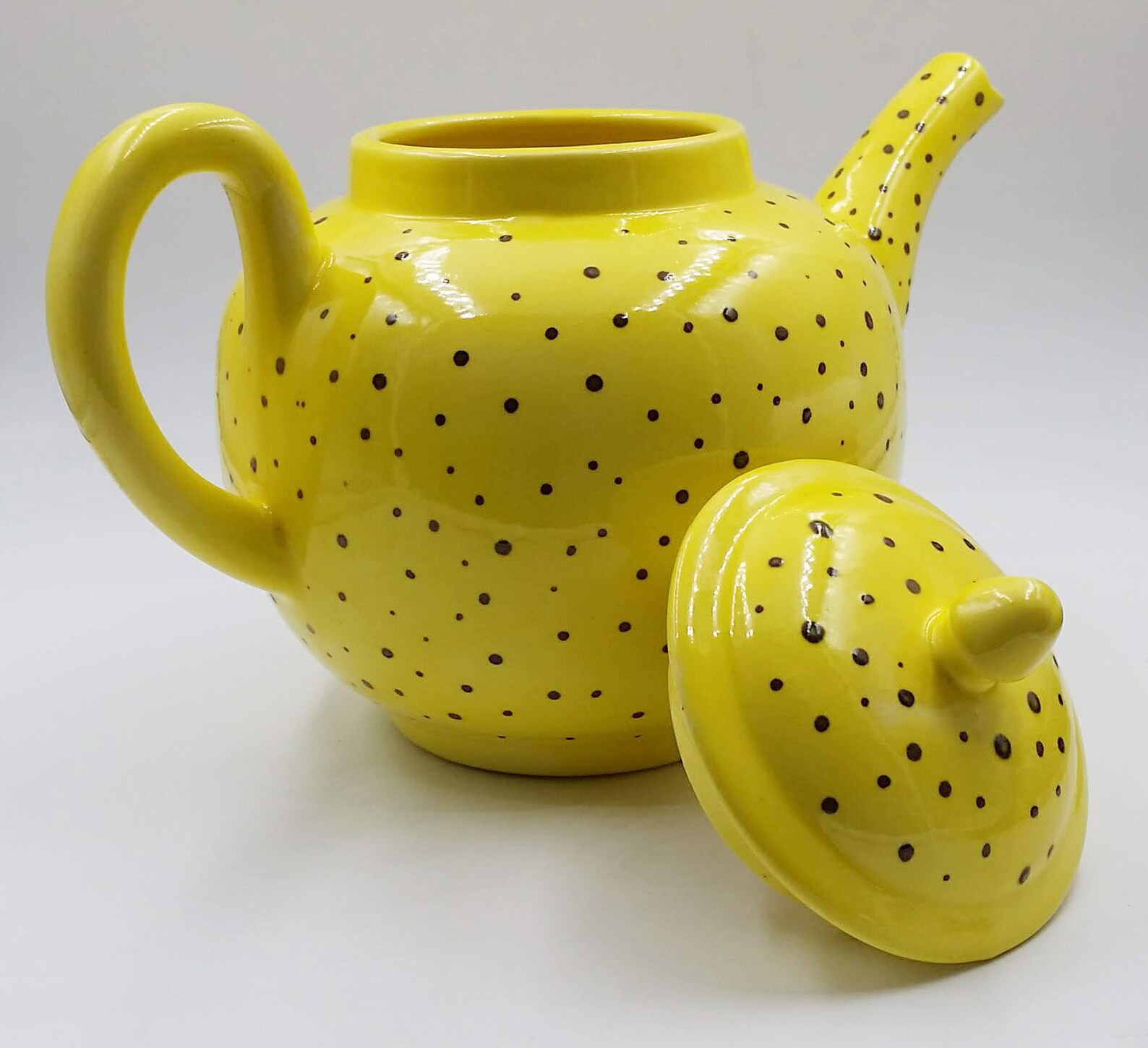 1 Teapot Hand Painted Yellow With Black Dots Earthenware Ceramic OOAK ...