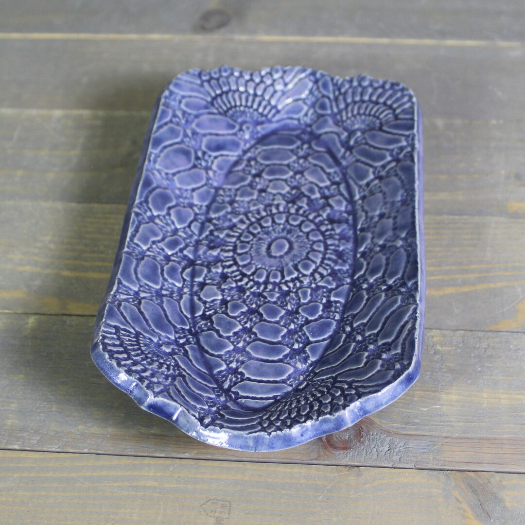 Ceramic Lace Tray - Speckled Blue Ceramic Dish - Small Ceramic Tray ...