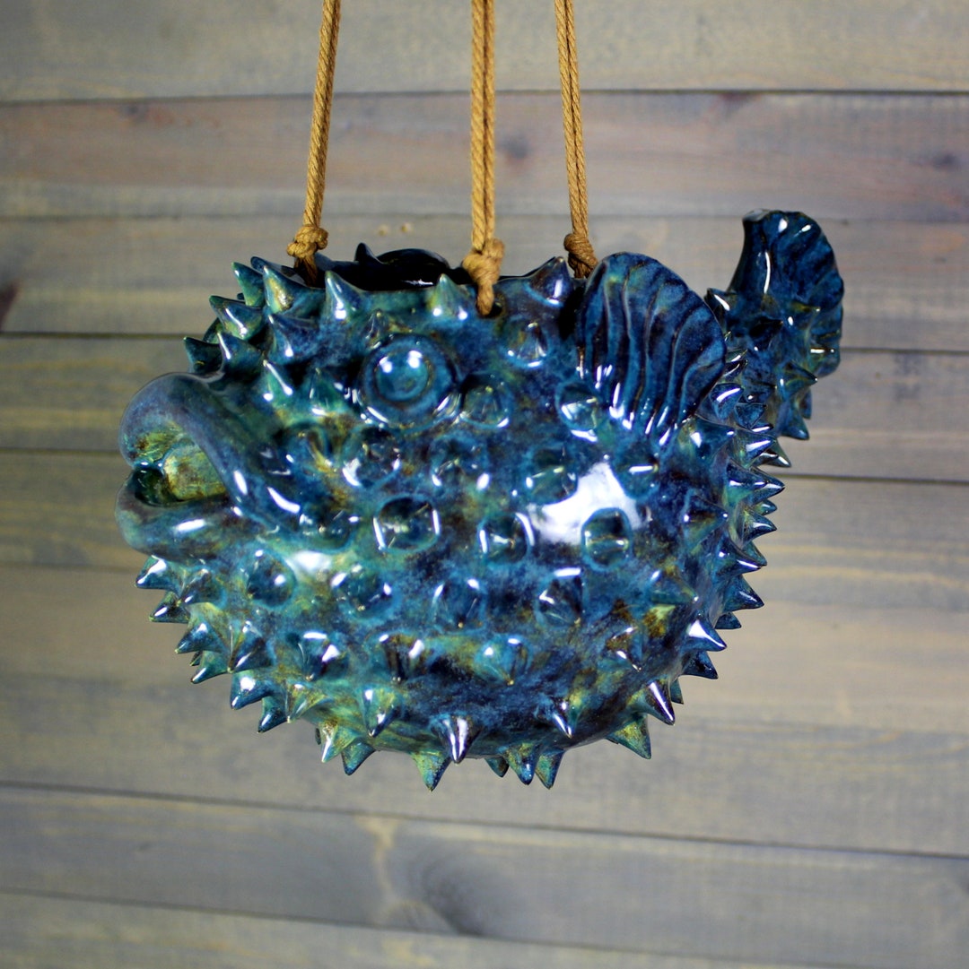 Ceramic Hanging Planter - Puffer Fish Planter With Spikes - Hanging ...