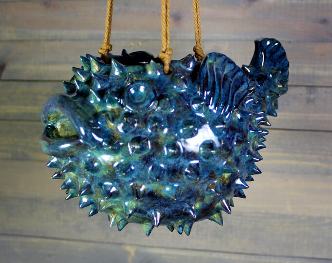 Ceramic Hanging Planter - Puffer Fish Planter With Spikes - Hanging ...
