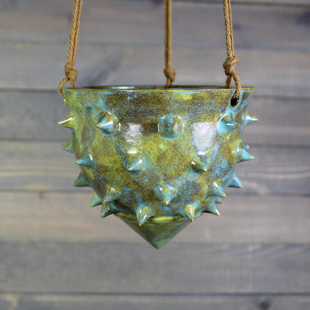 Ceramic Hanging Planter - Rusty Blue Spiked Hanging Succulent Pot ...