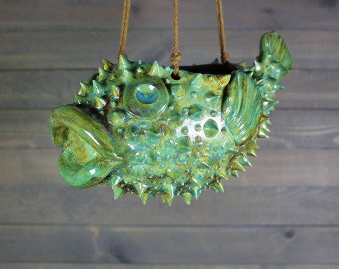 Ceramic Hanging Planter - Puffer Fish Planter With Spikes - Hanging ...