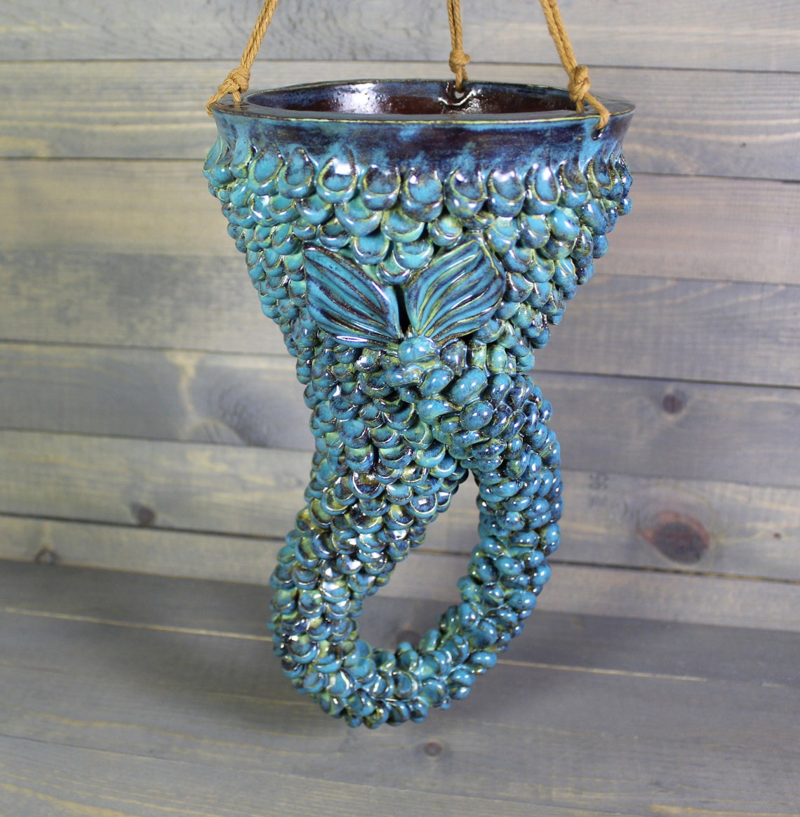 Large Ceramic Hanging Planter Rusty Blue Mermaid Hanging - Etsy