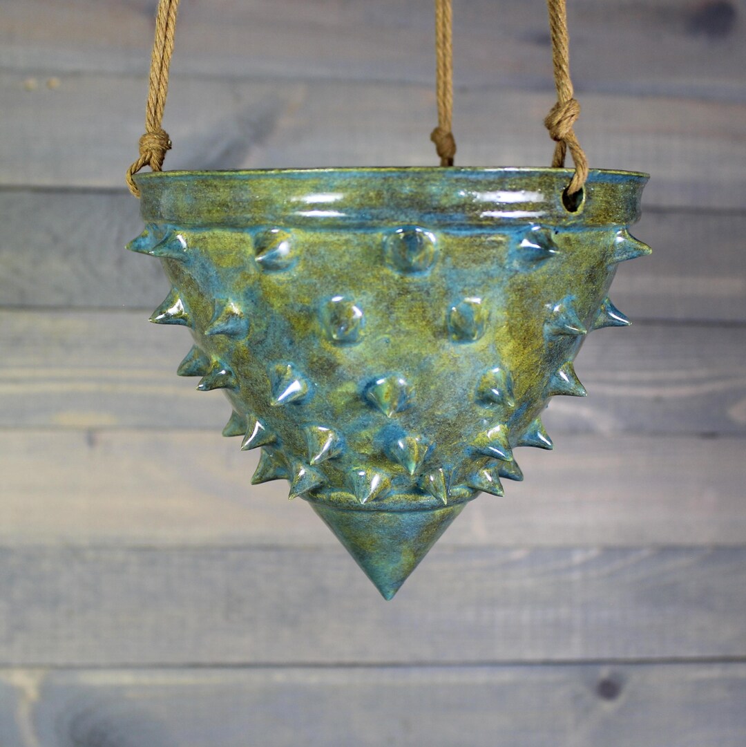 Ceramic Hanging Planter - Rusty Blue Spiked Hanging Succulent Pot ...