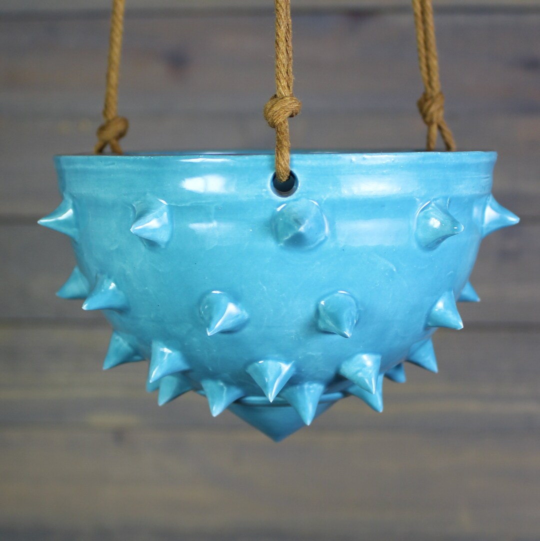 Ceramic Hanging Planter - Spiked Hanging Succulent Pot - Turquoise ...