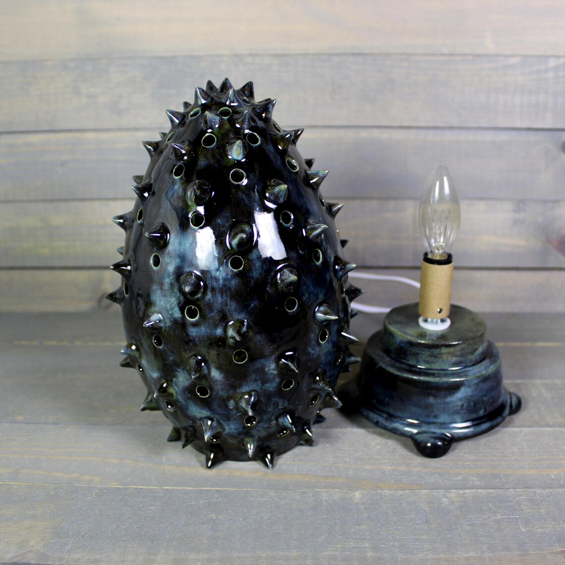 Handmade Ceramic Spiked Accent Lamp: Black Pottery Nightlight - Etsy