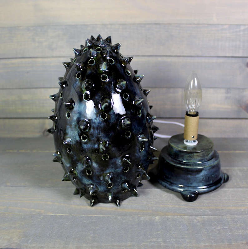 Handmade Ceramic Spiked Accent Lamp: Black Pottery Nightlight - Etsy