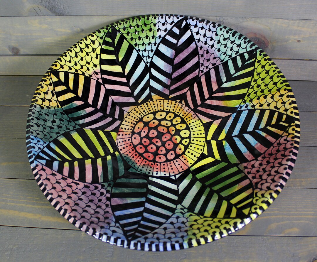 Large Ceramic Serving Bowl With Flower Doodle Design Rainbow - Etsy