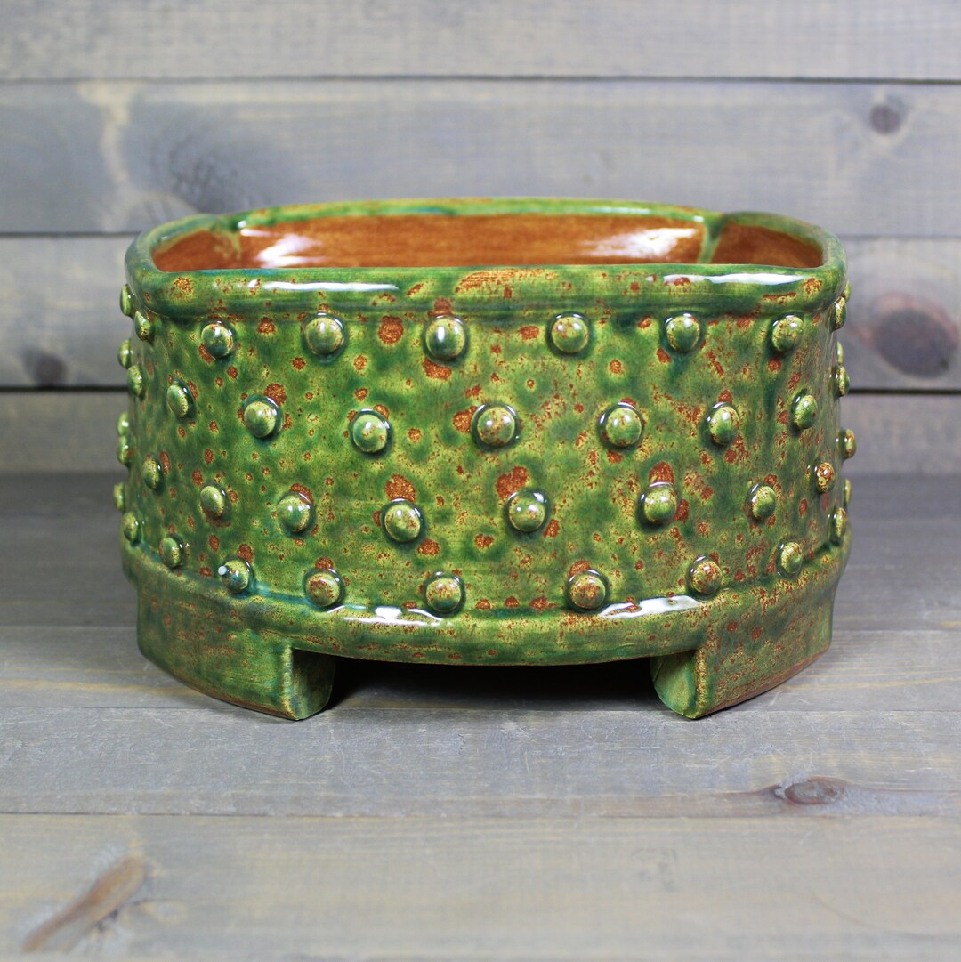 Ceramic Square Bonsai Pot - Orange Planter Pot With Bumps - Square ...