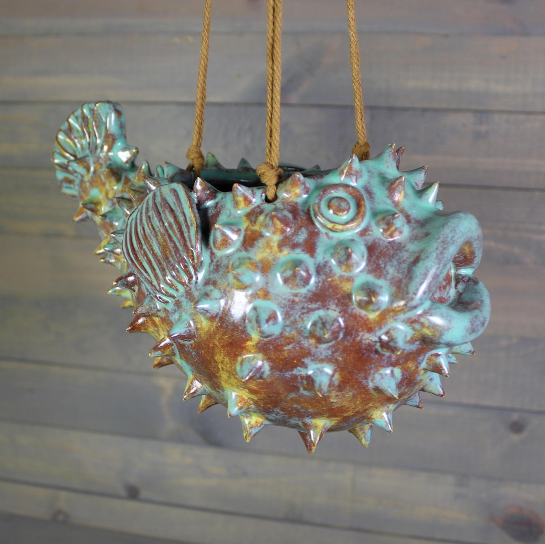 Ceramic Hanging Planter Puffer Fish Planter With Spikes Hanging ...