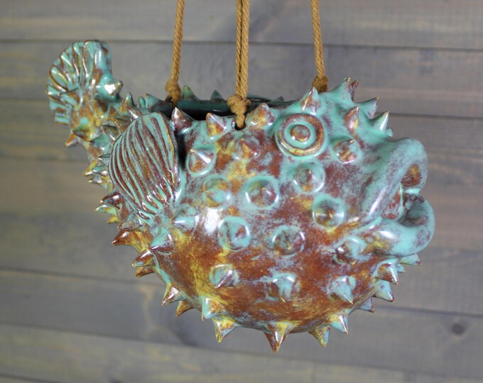 Ceramic Hanging Planter - Puffer Fish Planter With Spikes - Hanging ...