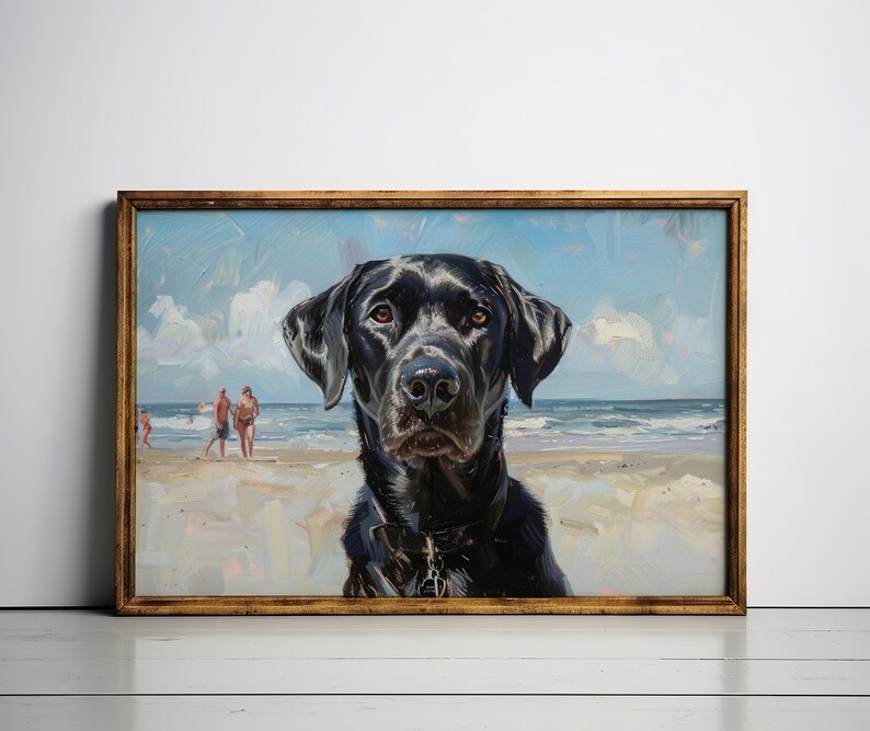 Black Lab Coastal Art Print | Wall Art Oil Painting | Gift for Dog ...